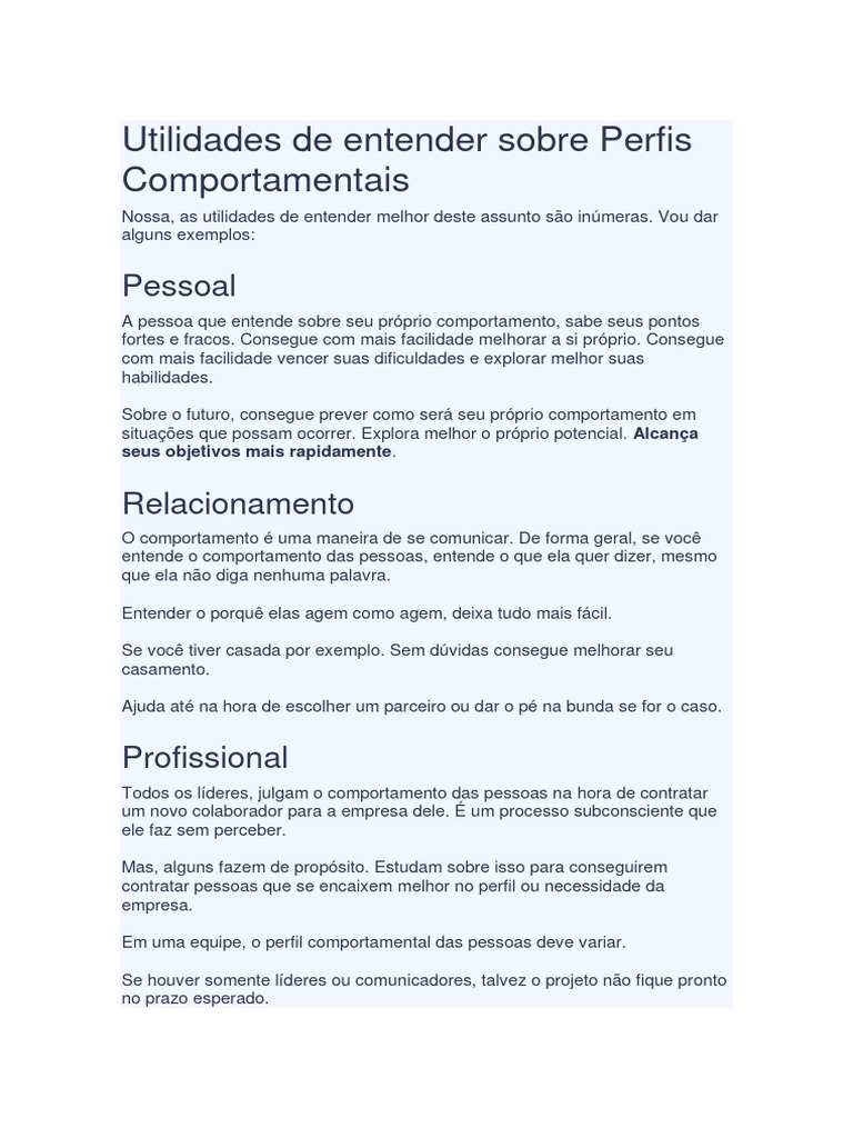 Utilidades de Entender Sobre Perfis Comportamentais 2 | PDF