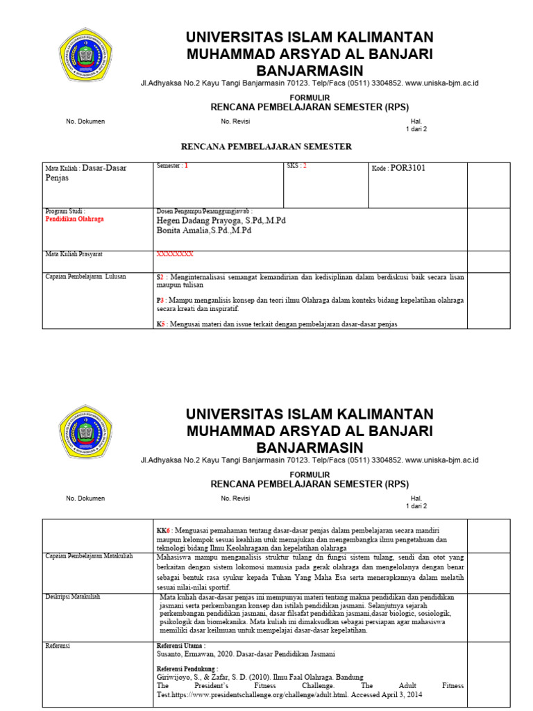 RPS Terbaru Dasar-Dasar Penjas Semester 1 | PDF