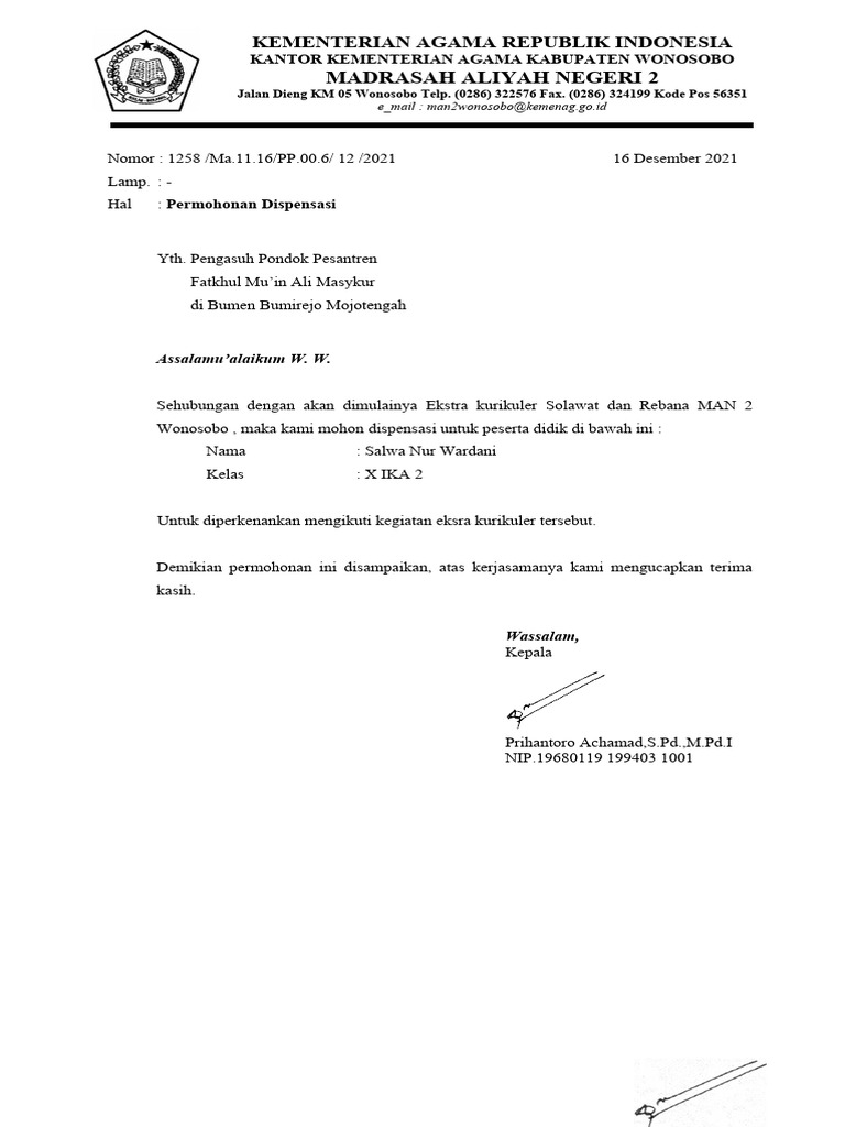 Permohonan Dispensasi PONDOK | PDF