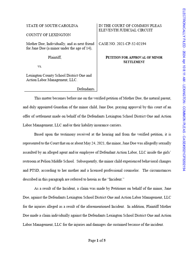 Mother Doe - Order Approving Settlement | PDF | Settlement (Litigation ...