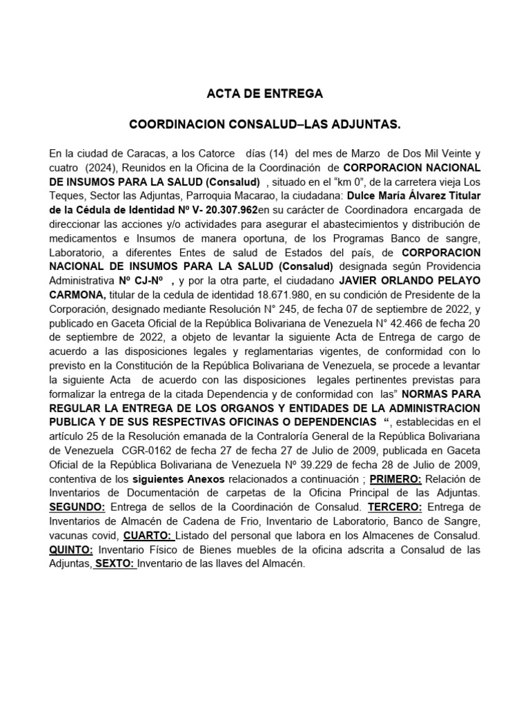 Acta de Entrega Completa 14-03-2024 | PDF | Venezuela | Sangre
