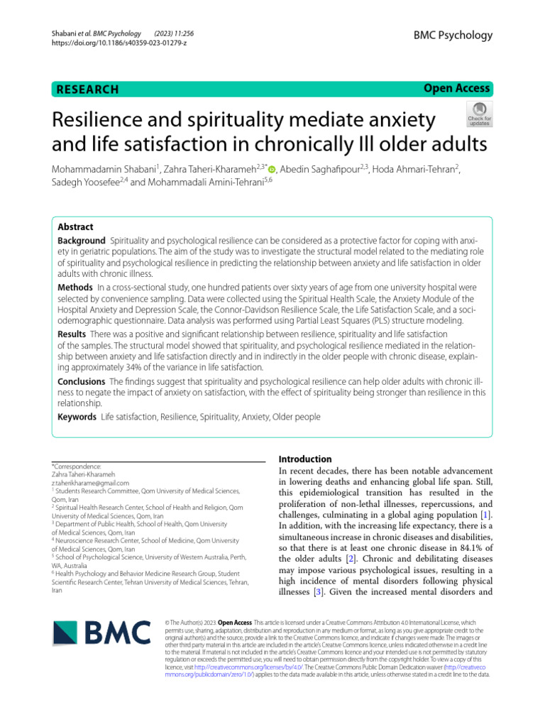 Resilience and Spirituality Mediate Anxiety 40359 - 2023 - Article ...