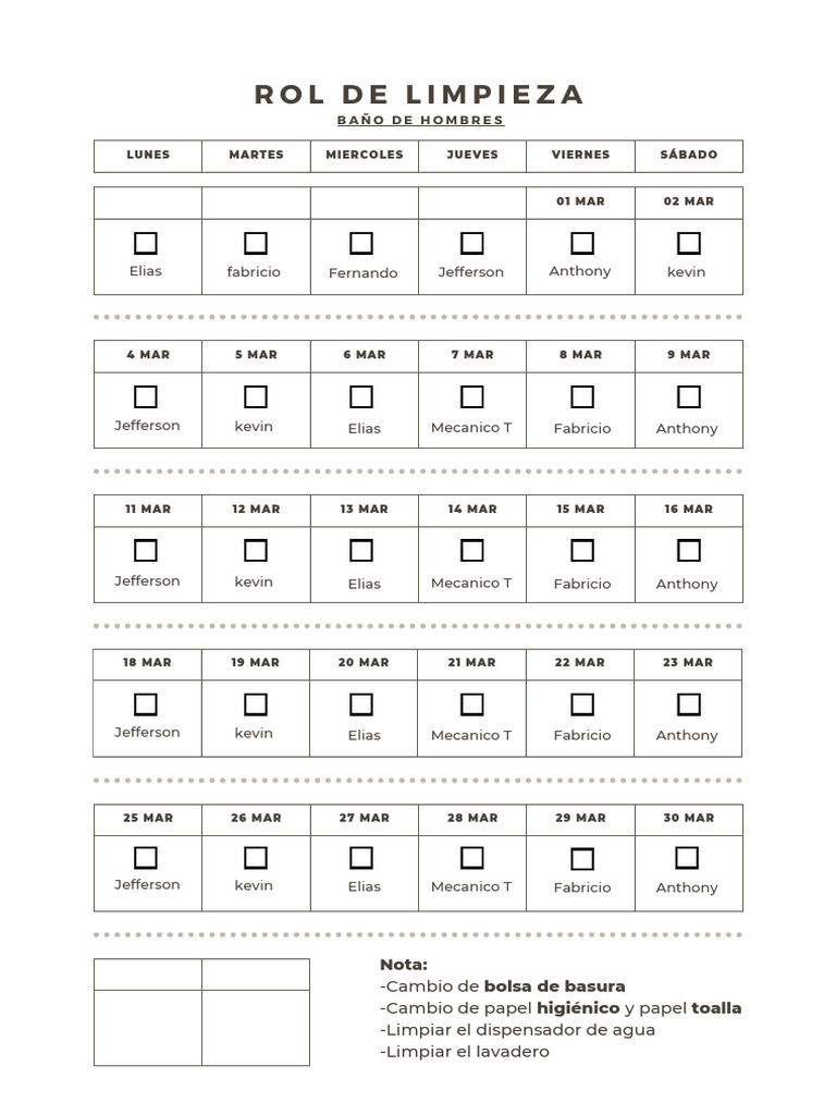 ROL DE BAÑOS (2) | PDF