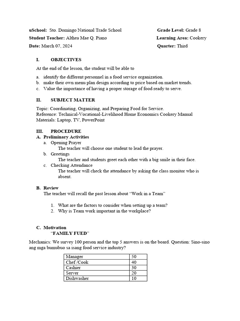 Lesson 4-Semi-Detailed Lesson Plan - Cookery 8 | PDF | Menu | Meal