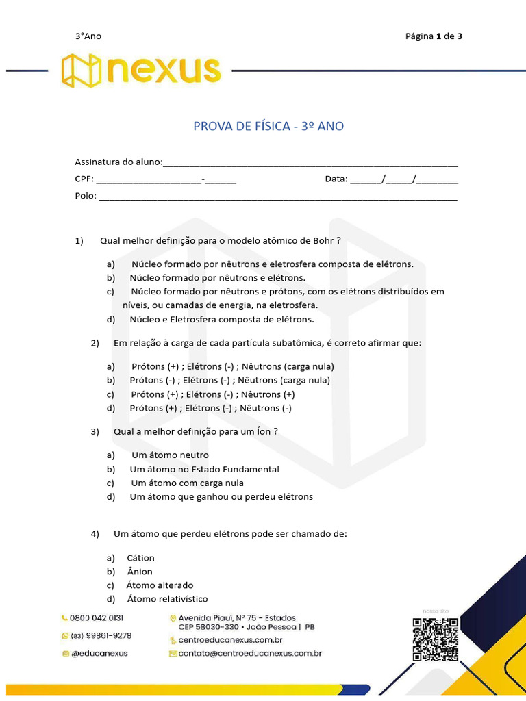 Prova de Fisica - 3°ANO - EJA | PDF | Próton | Elétron