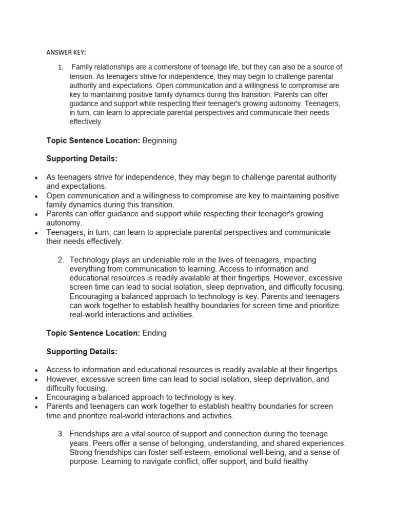 Answer Key in Identifying Topic Sentence | PDF | Adolescence | Popular Psychology