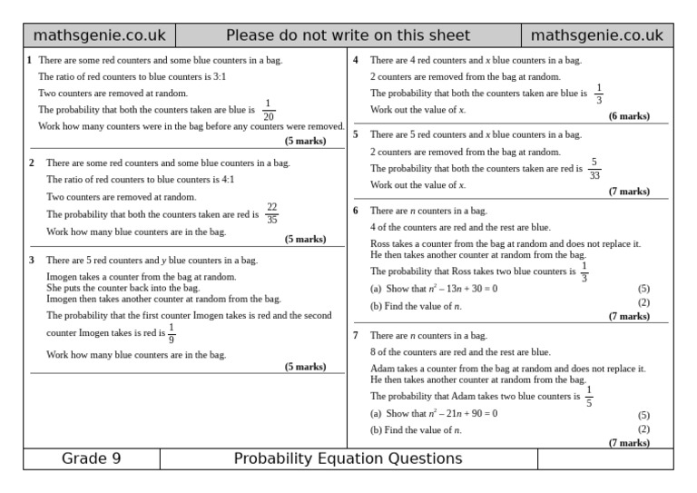 9 Probability Equation Ws | PDF | Mathematics