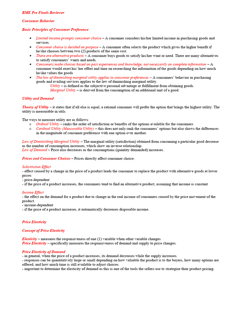 BME Pre Finals Reviewer | PDF | Elasticity (Economics) | Utility