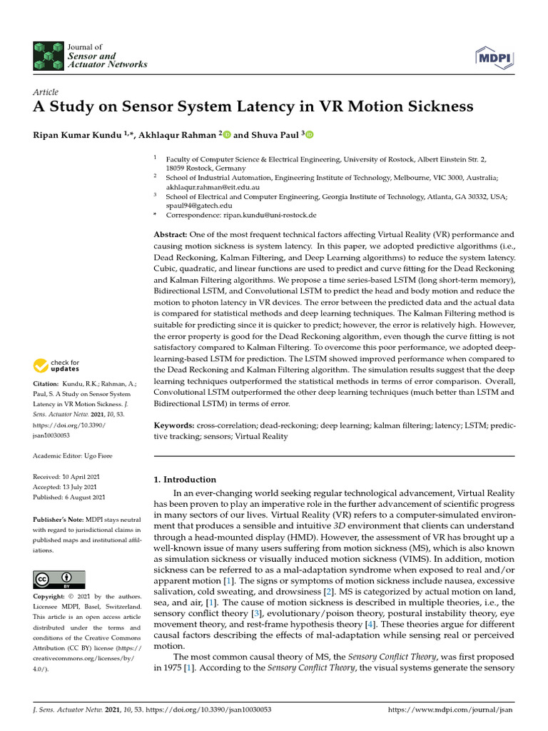 A Study On Sensor System Latency in VR Motion Sickness | PDF | Kalman Filter | Augmented Reality