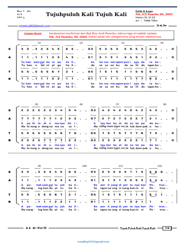 Tujupuluh Kali Tujuh Kali-SATB (Edisi Revisi) | PDF