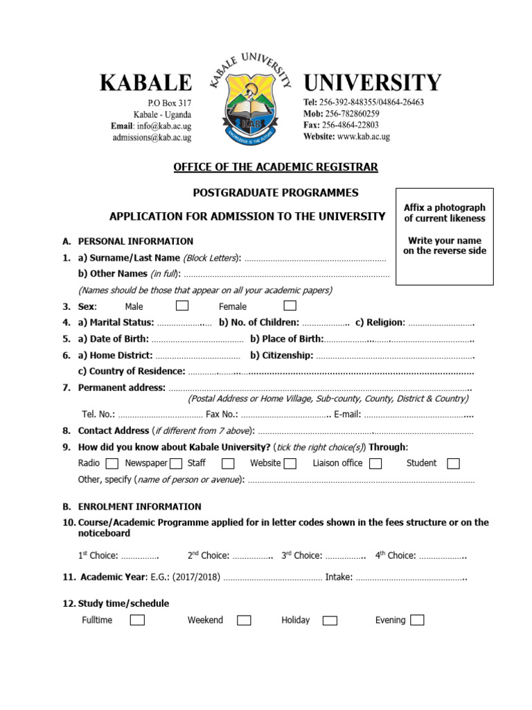 Postgraduate Application Form - Kabale University | PDF