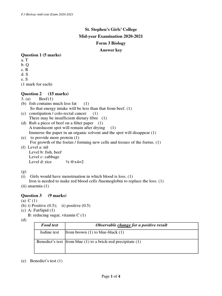 2020-2021-F3 Bio Mid Year Exam paper GC ANS | PDF | Nutrition | Diet ...