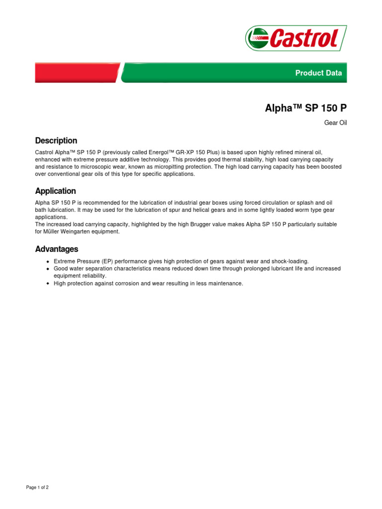 Castrol Alpha SP 150 Data Sheet | PDF | Lubricant | Gear