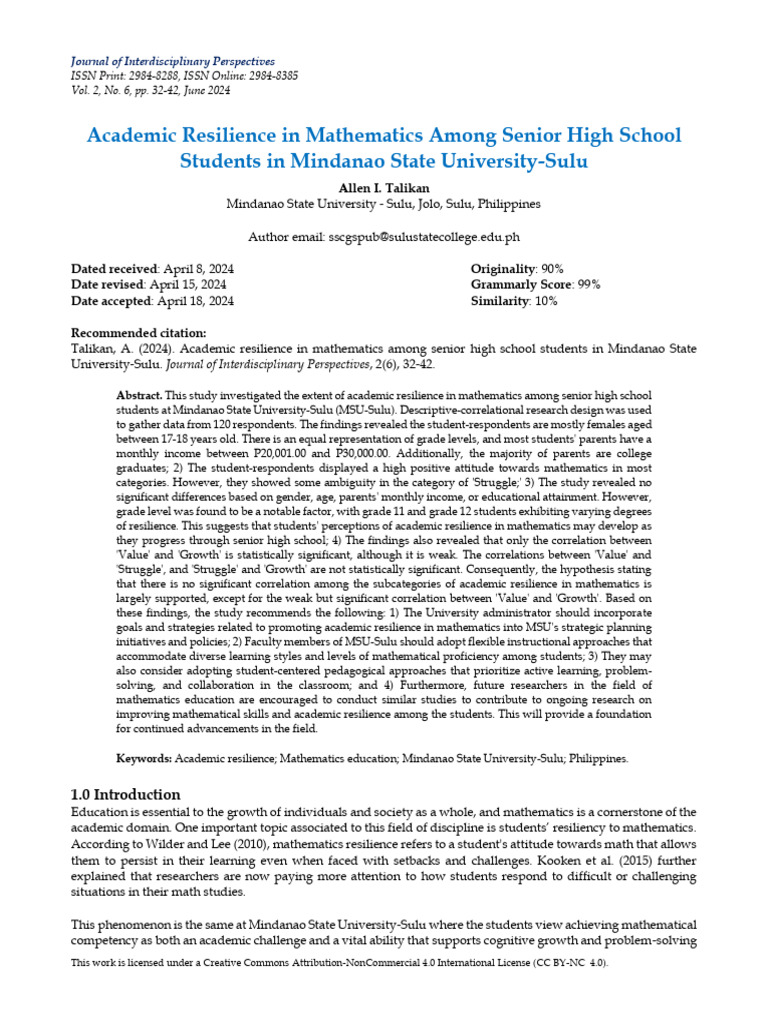 Academic Resilience in Mathematics Among Senior High School Students in ...