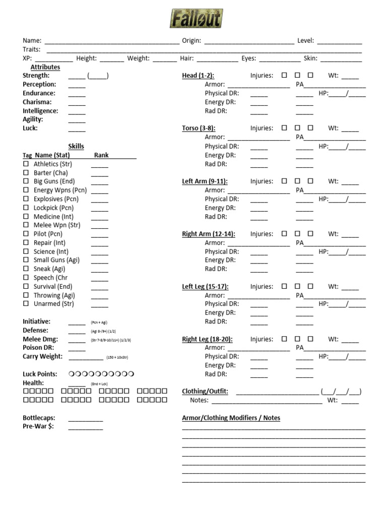 Fallout Character Sheet | PDF | Military Technology | Ballistics