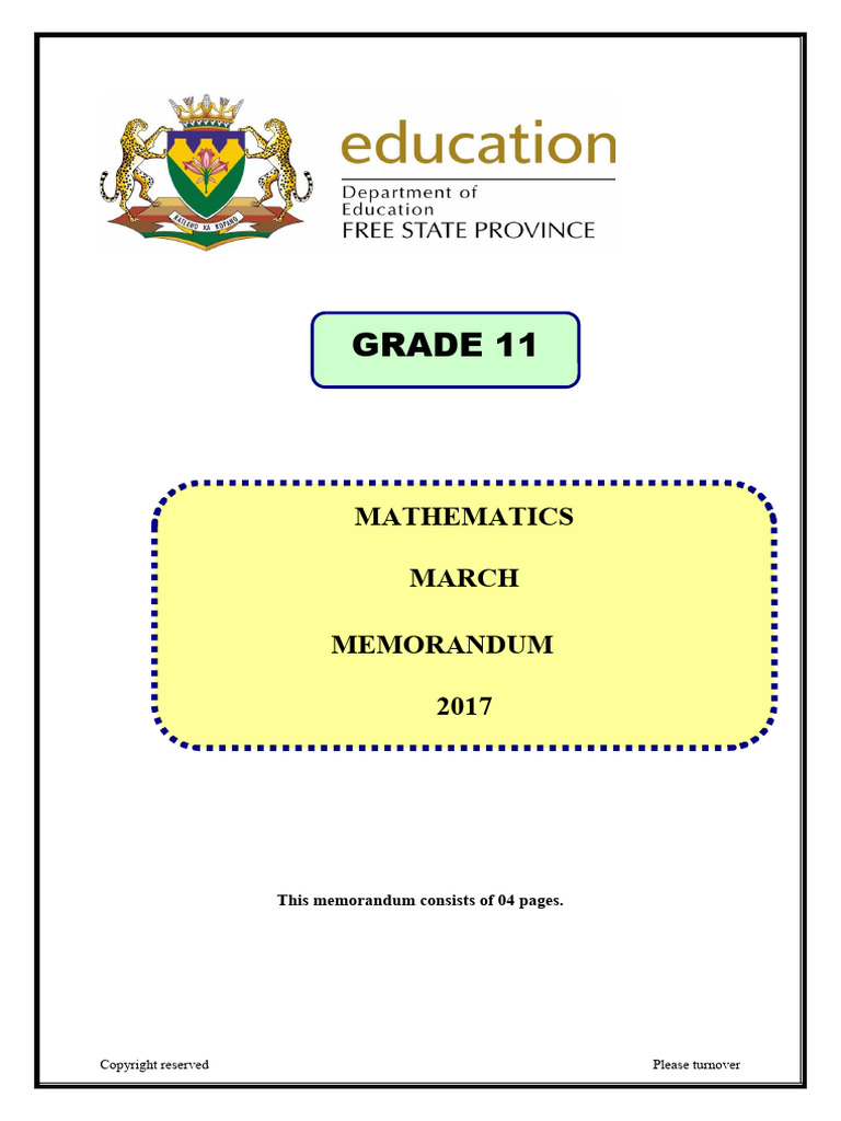GR 11 FREE STATE MATHS TEST MARCH 2024 MEMO | PDF | Elementary ...