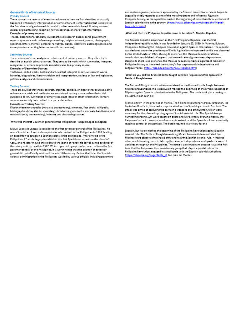 Types of Historical Sources Explained | PDF | Philippines | Spanish ...