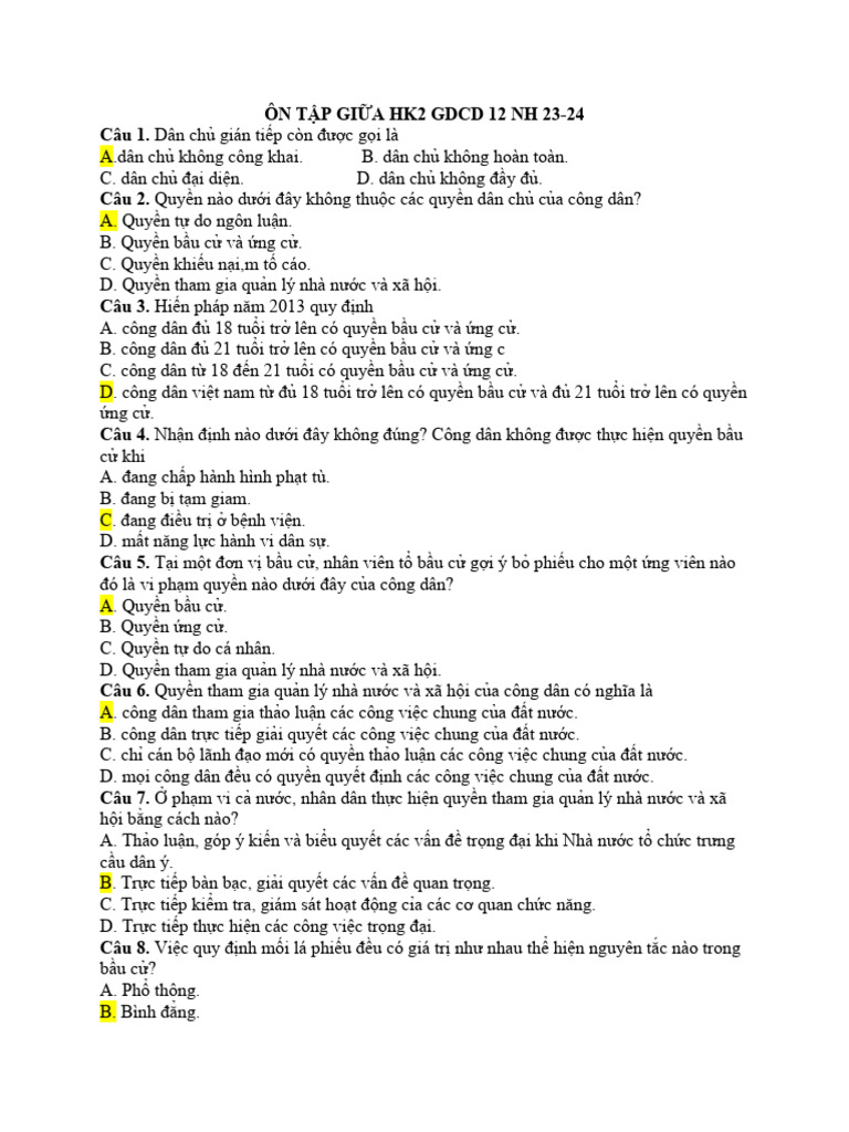 60 câu on tập GHK2 GDCD 12 | PDF