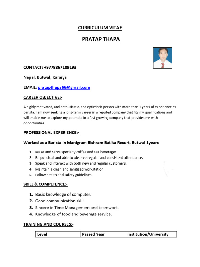Barista CV of Pratap Thapa | PDF | Career & Growth