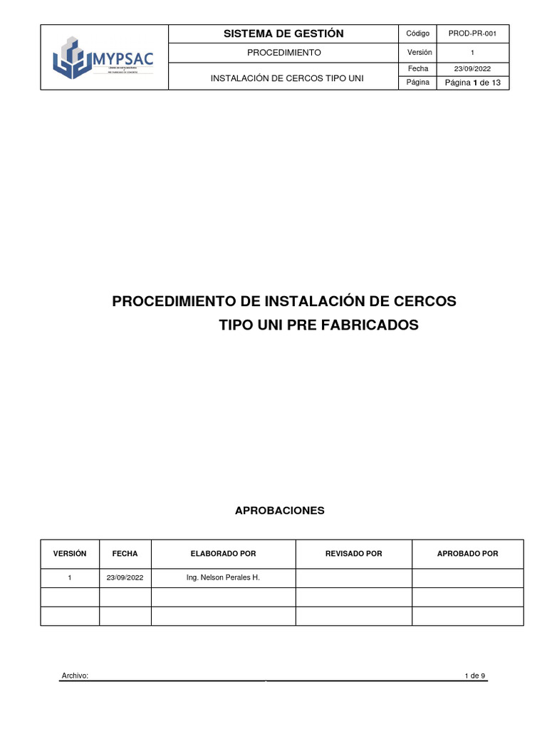 Prod-Pr-001 Procedimiento Instalación de Cerco Tipo Uni | PDF | Archivo ... Prod-Pr-001 Procedimiento Instalación de Cerco Tipo Uni | PDF | Archivo ...