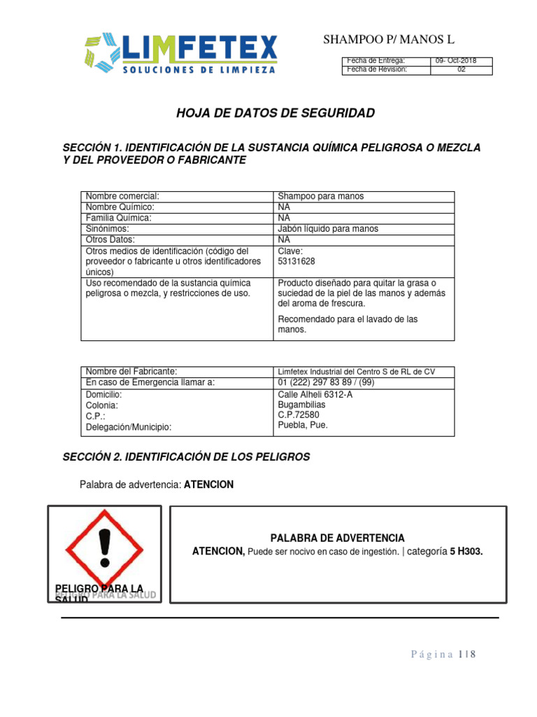 Hoja de Seguridad Shampoo de Manos Limfetex | PDF | Agua | Toxicidad