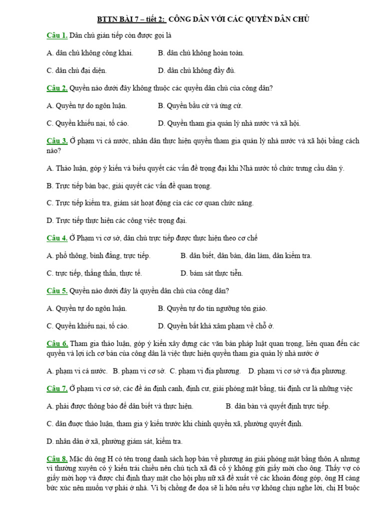 BTTN BÀI 7 - TIẾT 2 CÔNG DÂN VỚI CÁC QUYỀN DÂN CHỦ | PDF
