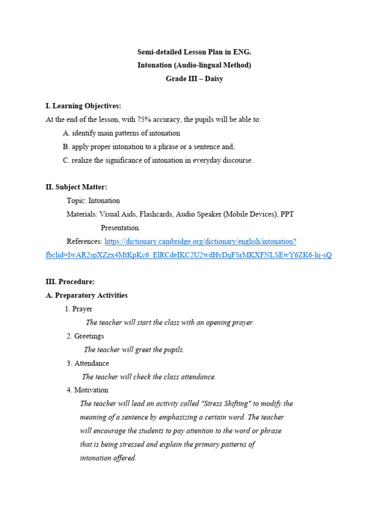 Grade III Lesson Plan: Intonation Skills | PDF | Teachers | Lesson Plan