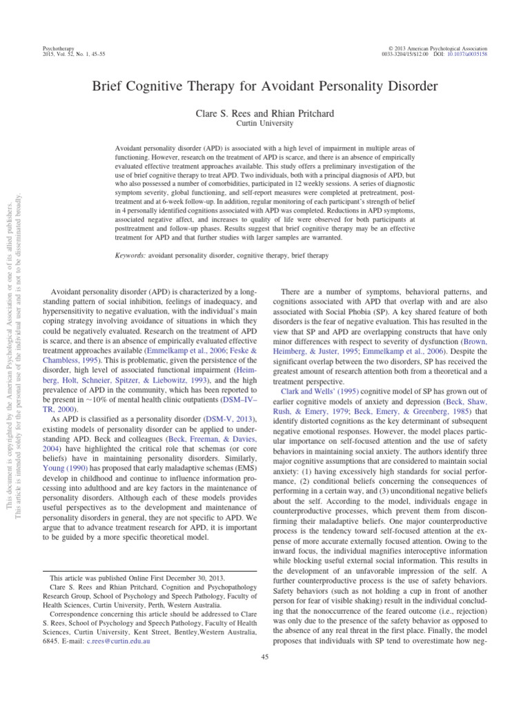 Brief Cognitive Therapy For Avoidant Personality Disorder | PDF ...