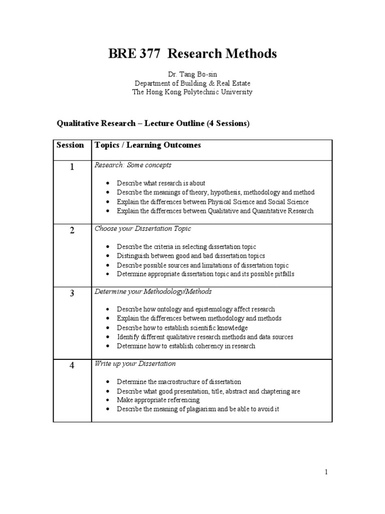 BRE 377 Research Methods: Qualitative Research - Lecture Outline (4 ...