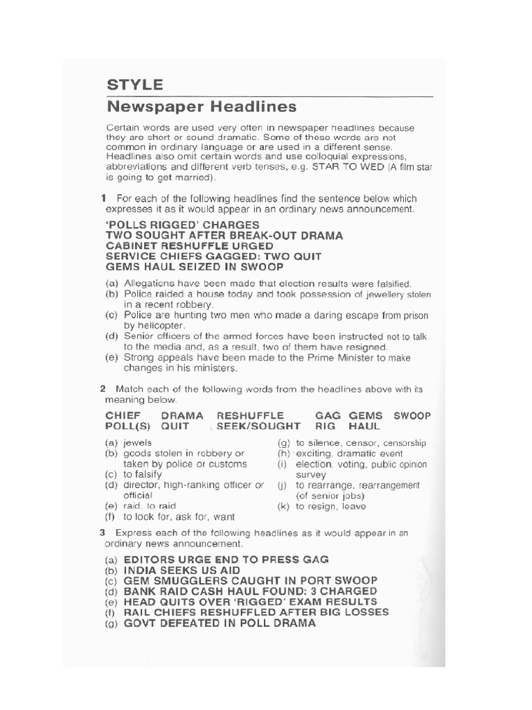 Activity-Newspaper Headlines, (Vocabulary Exercises) | PDF