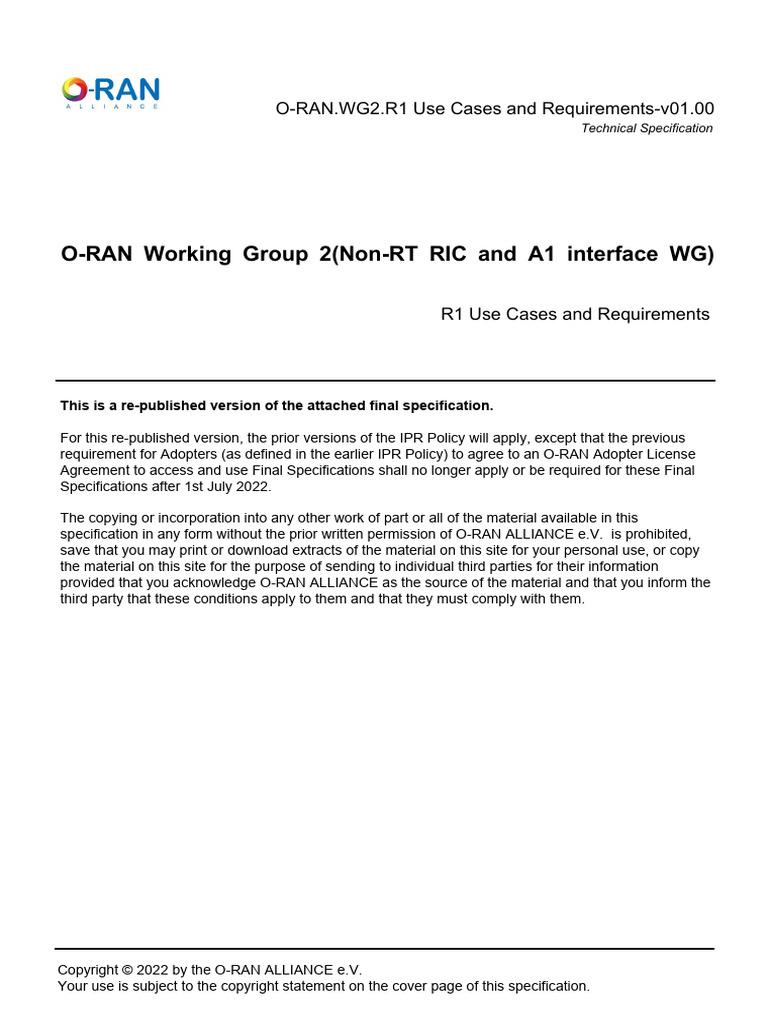 O-RAN - wg2.R1 Use Cases and Requirements.v01.00 | PDF | Copyright | Use Case
