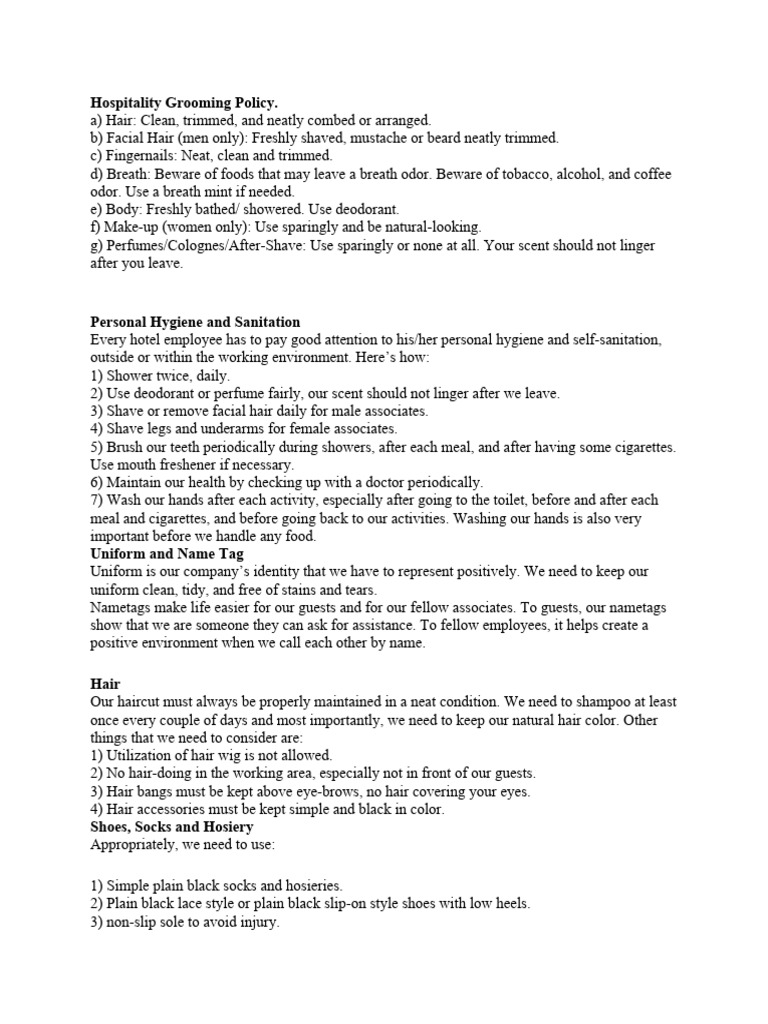 Hospitality Grooming Policy | PDF | Hygiene | Nail (Anatomy)