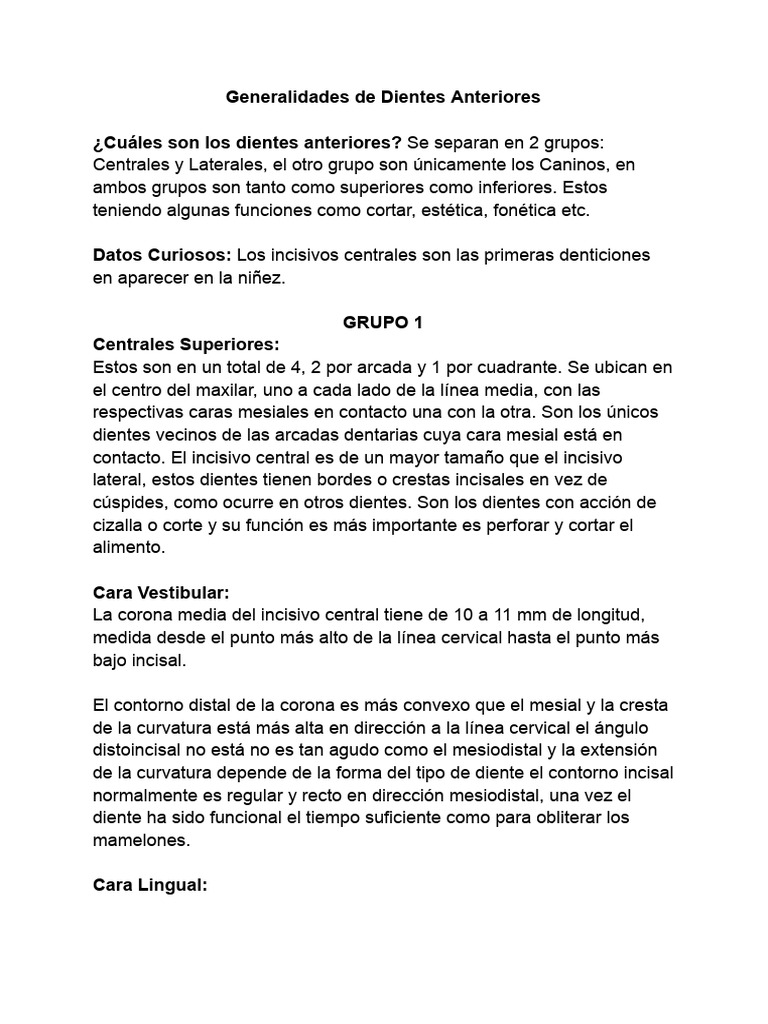 Generalidades de Dientes Anteriores | PDF | Ramas de Odontología | Diente