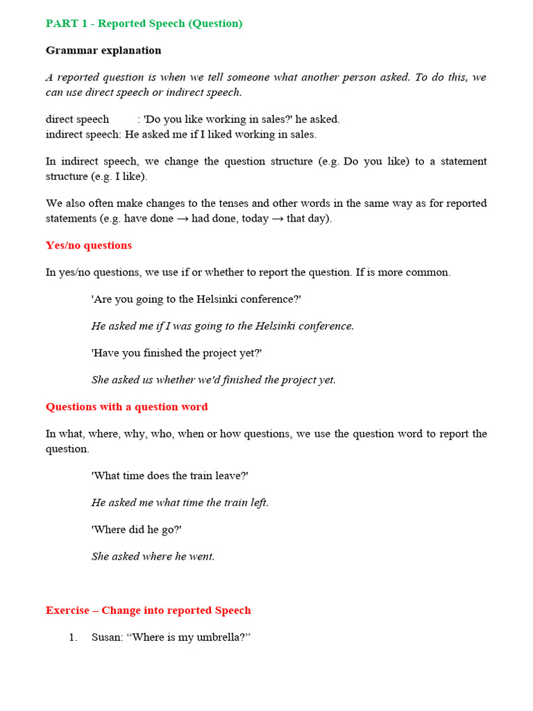 Reported Speech Question and Question Tag | Download Free PDF ...