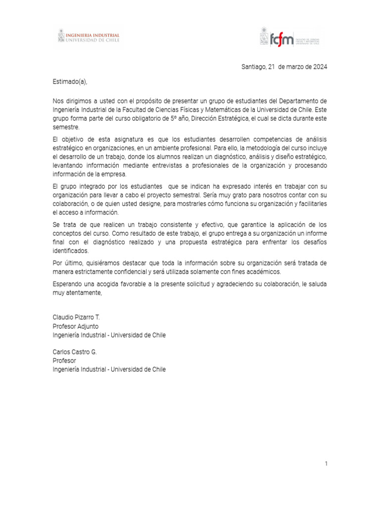 Carta de Presentaci N Del Curso IN5112 Direcci N Estrat Gica | PDF | Negocios