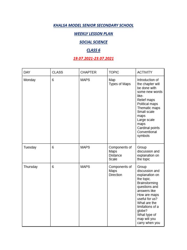 Cl-6, SST LESSON PLAN (19.07.21-23.07.21) | PDF | Map