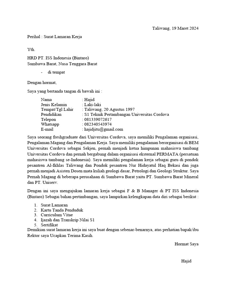 Surat Lamaran PT. ISS INDONESIA | PDF