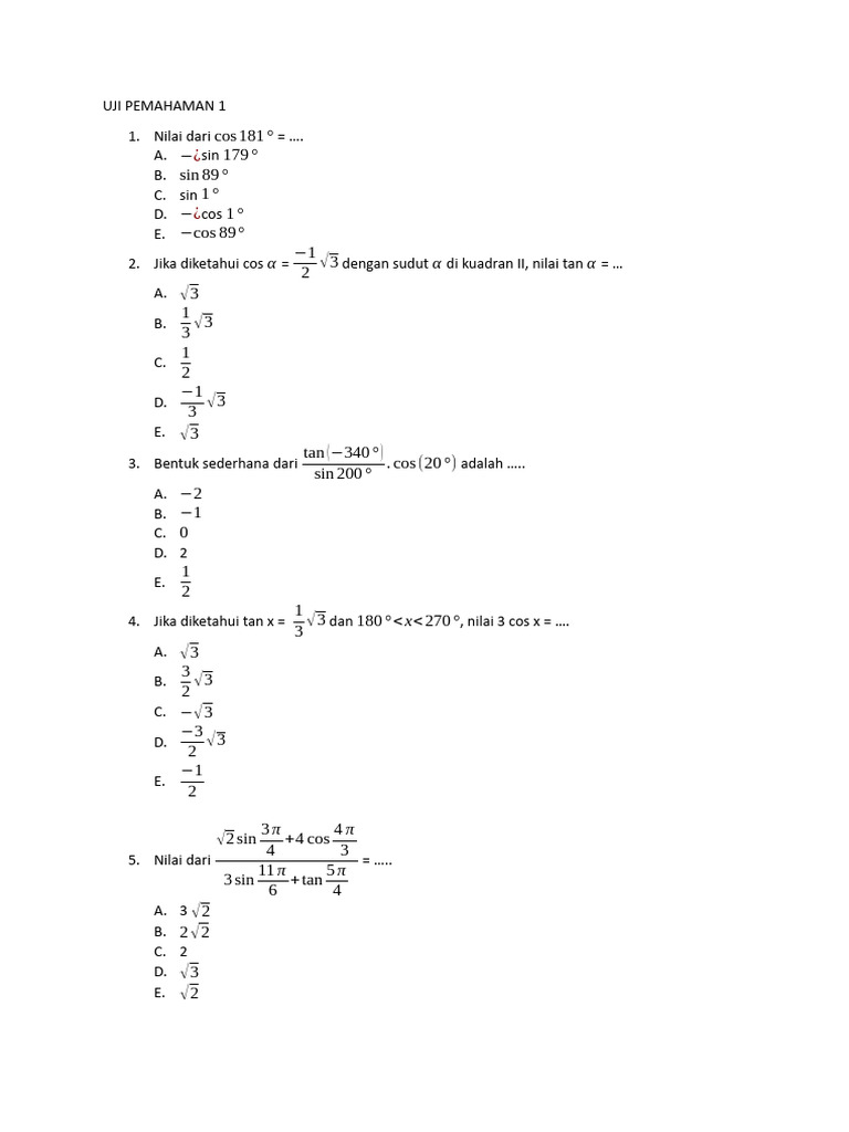 Uji Pemahaman 1 Mat Lanjut SMT 2 | PDF