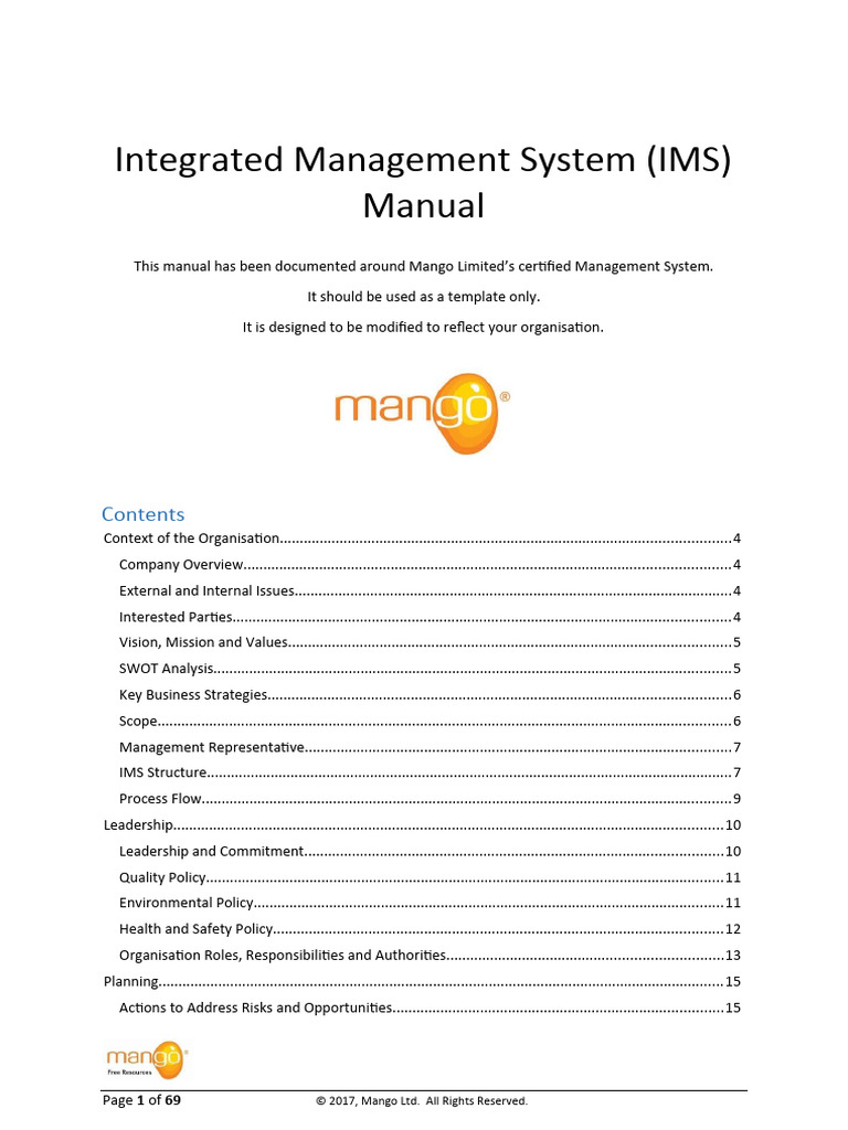 Integrated Management System Manual | PDF | Occupational Safety And ...