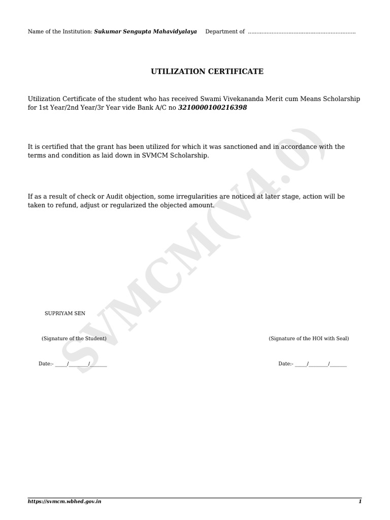 Utilization Certificate | PDF | Business | Finance & Money Management