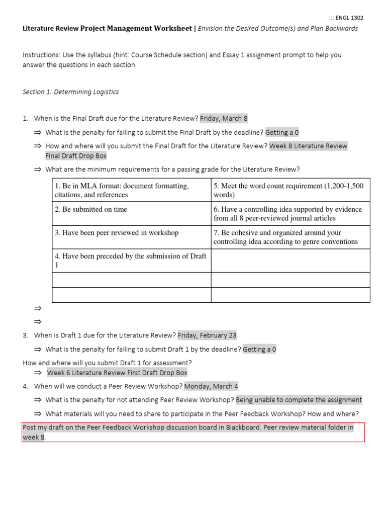 Lit Review Project Management Worksheet 1302 | PDF | Essays | Academic ...