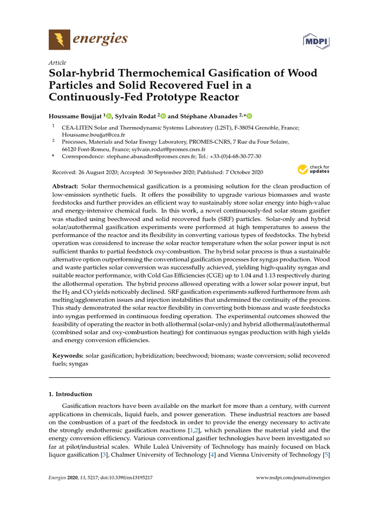 Solar-Hybrid Themochemical Gasification of Wood Particles and Solid ...