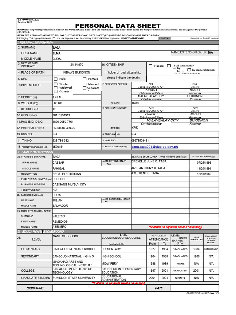 Personal Data Sheet Template | PDF | Government