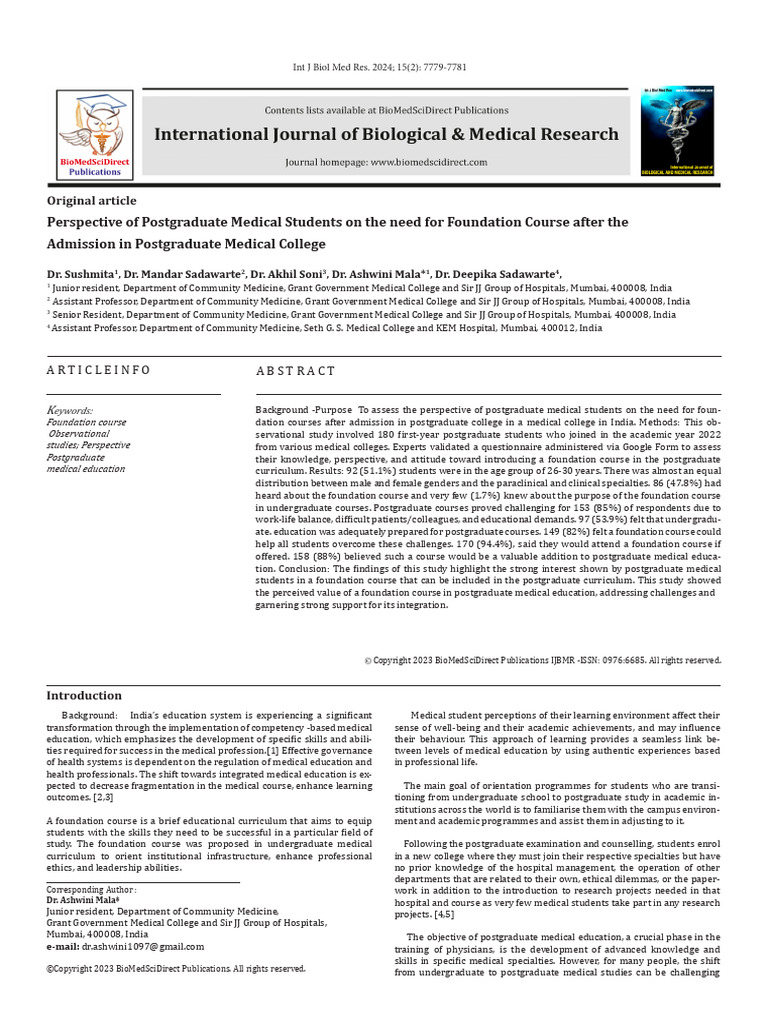 Perspective of Postgraduate Medical Students On The Need For Foundation ...