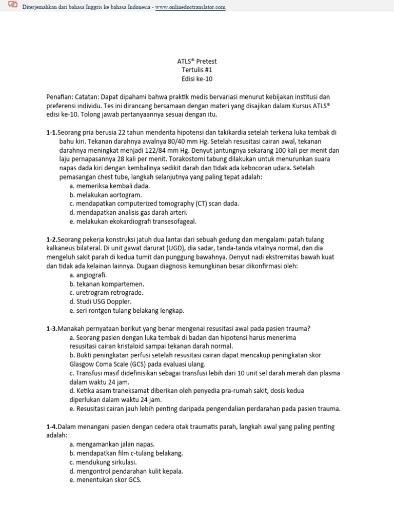 Atls 10 Pre Test - En.id | PDF