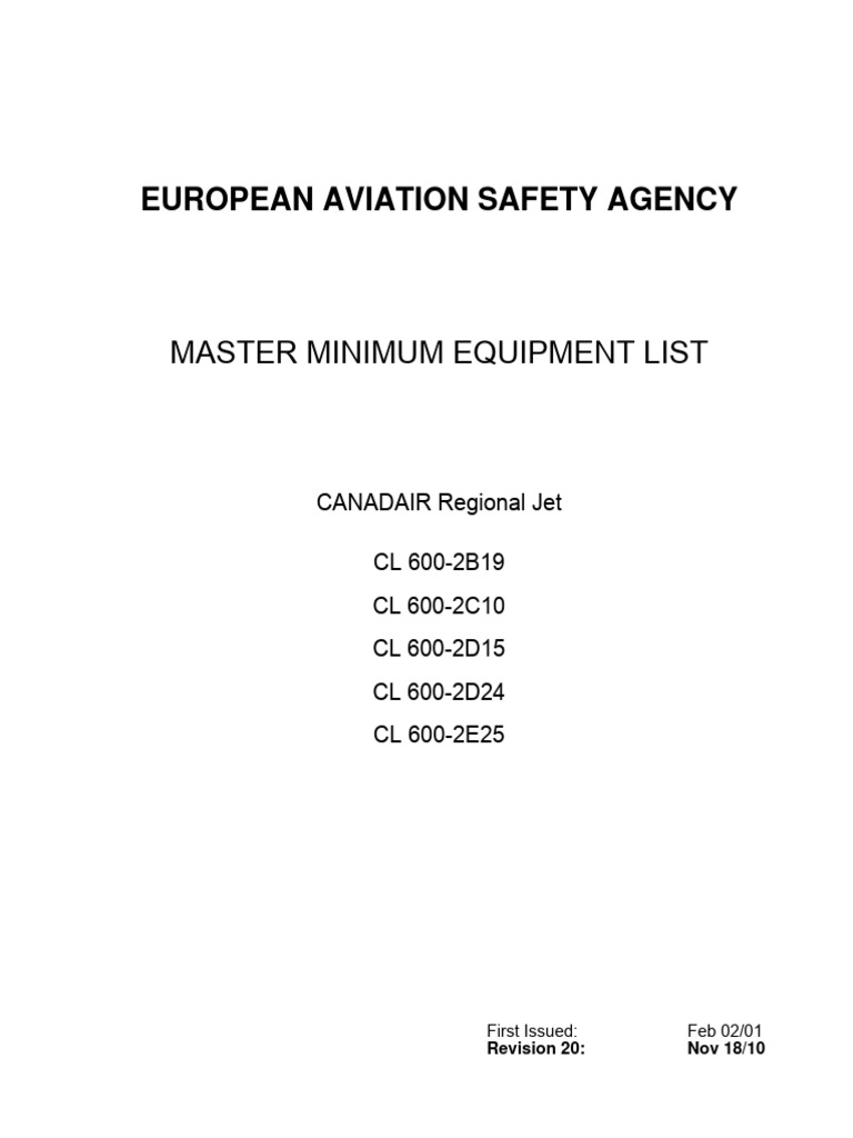 EASA MMEL Bombardier - CRJ - CL 600 20 18112010 | PDF | Aviation Safety ...