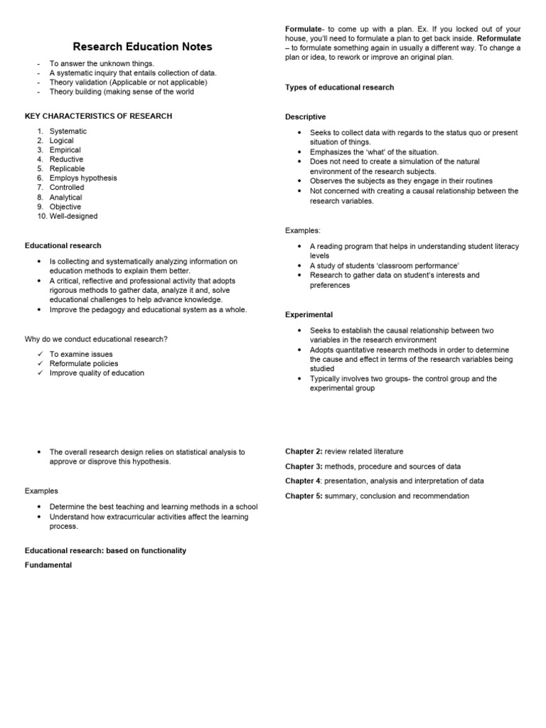 Research Education Notes | PDF | Methodology | Experiment