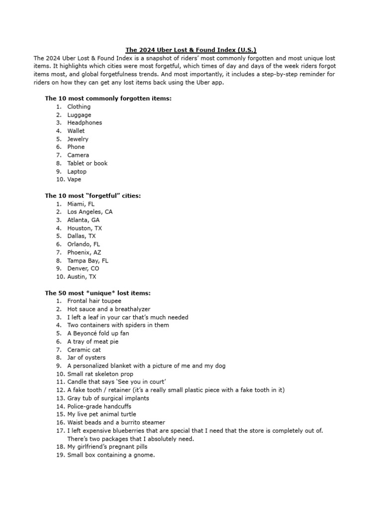 The 2024 Uber Lost & Found Index | PDF | Lifestyle The 2024 Uber Lost & Found Index | PDF | Lifestyle