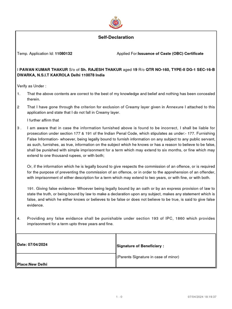 OBC Caste Certificate Self-Declaration | PDF | Law