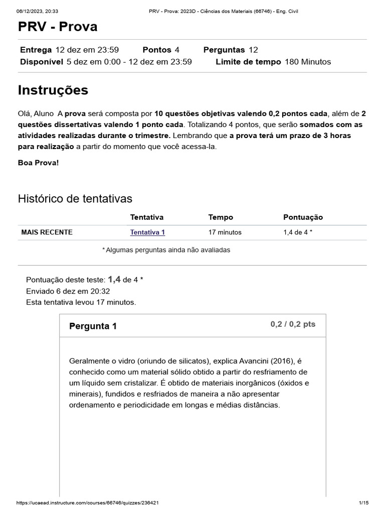 PRV - Prova - 2023D - Ciências Dos Materiais (66746) - Eng. Civil | PDF | Material composto ...